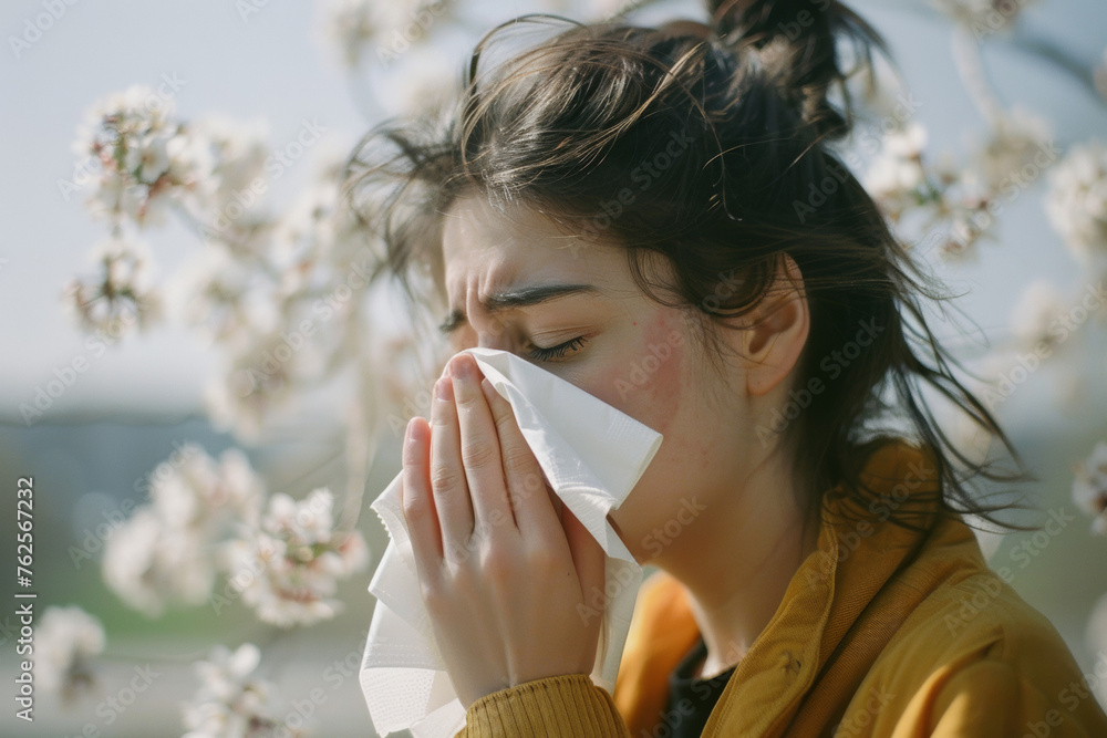 jeune femme en train de se moucher le nez à cause d'allergie ...