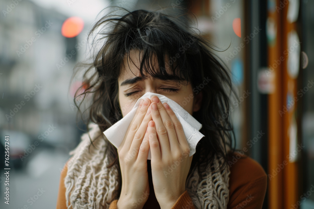 jeune femme en train de se moucher le nez à cause d'allergie ...