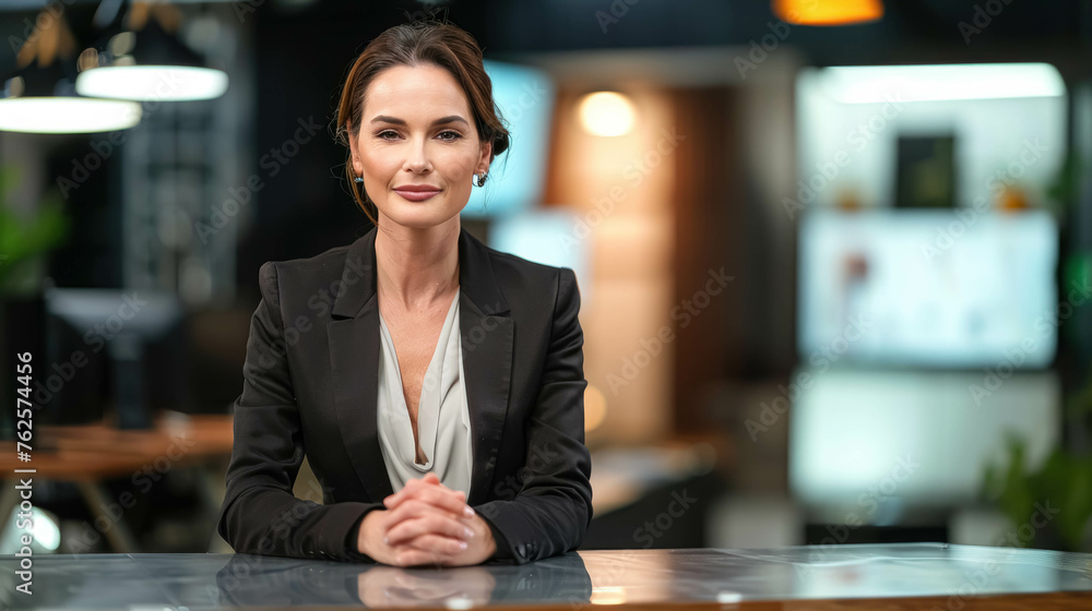 Talk Show Female Presenter in Suit At Her Table in Studio And Looking ...