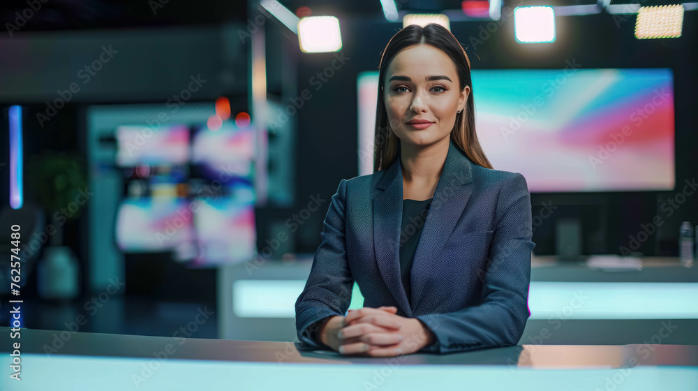 Talk Show Female Presenter in Suit At Her Table in Studio And Looking ...