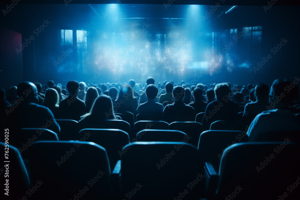 Large crowd of people are sitting in dark theater. Audience is watching ...
