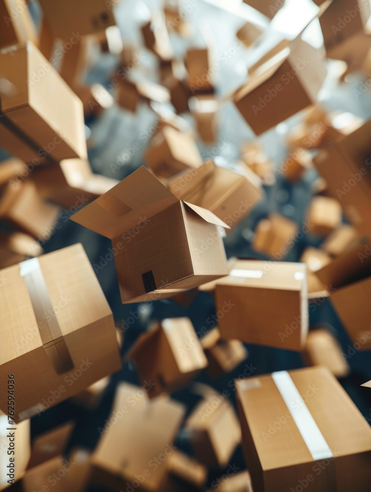 Bunch of cardboard boxes are flying through air. Boxes are all ...