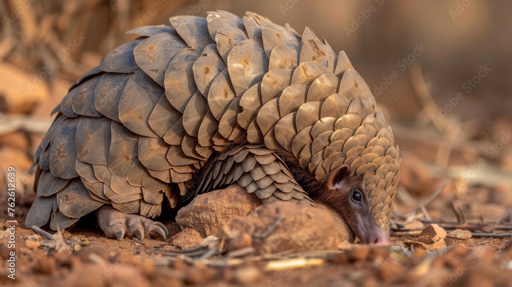 A close-up view of an Indian Pangolin curled up on the ground ...