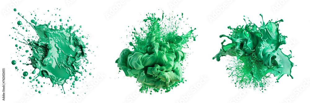 Set of green color explosion of plastic paint isolated on a transparent ...
