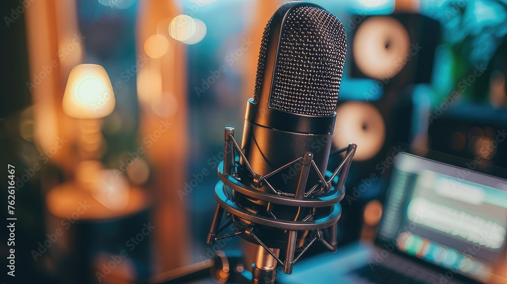 Explore Podcasting Excellence Close-Up of Microphone in Cozy Modern ...