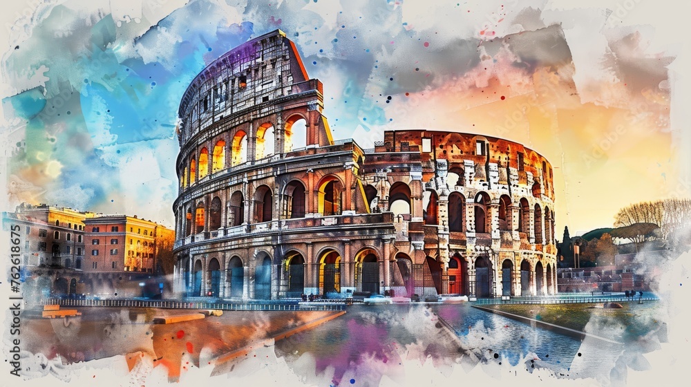 A detailed watercolor painting depicting the architectural marvel of ...