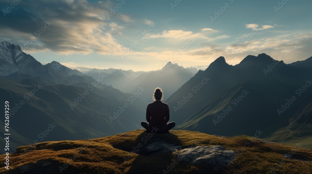 Generative AI A serene yogi practicing meditation atop a mountain peak ...