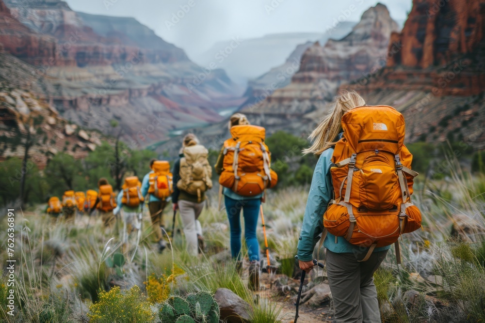 An outdoor adventure group hikes through the scenic trails of the Grand ...