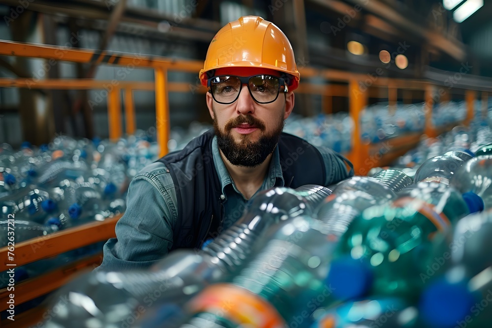 Employee categorizing plastic bottles at waste management plant for ...