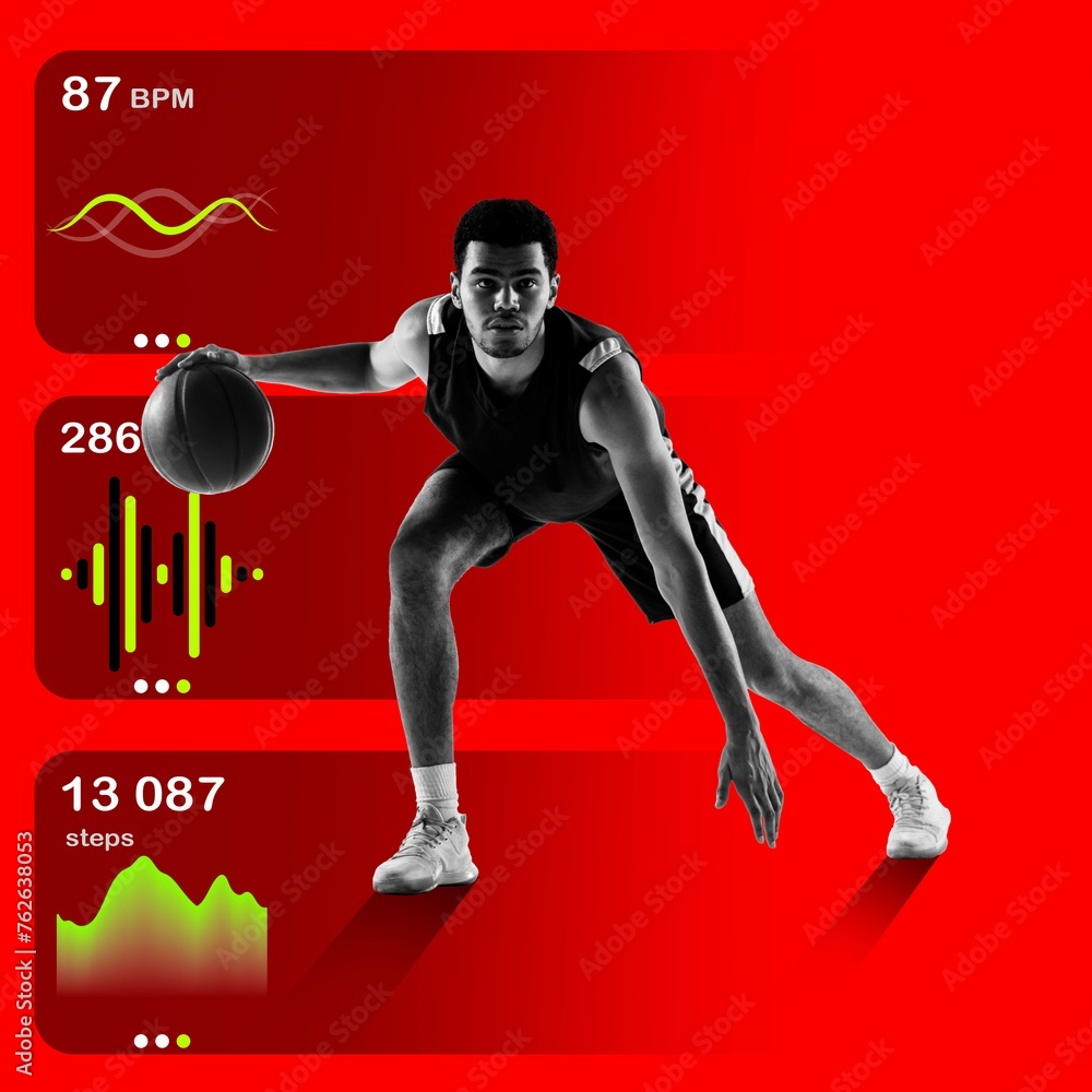 Dynamic image with concentrated young man, basketball player dribbling ...