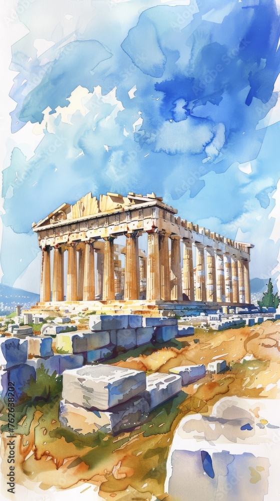 A detailed watercolor painting depicting the iconic Parthenon, a ...