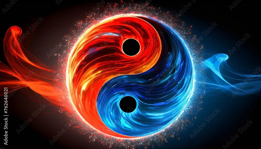 yin yang or tai chi symbol made of red and blue fire on black ...