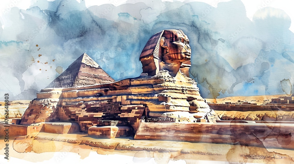 A detailed watercolor painting depicting the Great Sphinx of Giza with ...