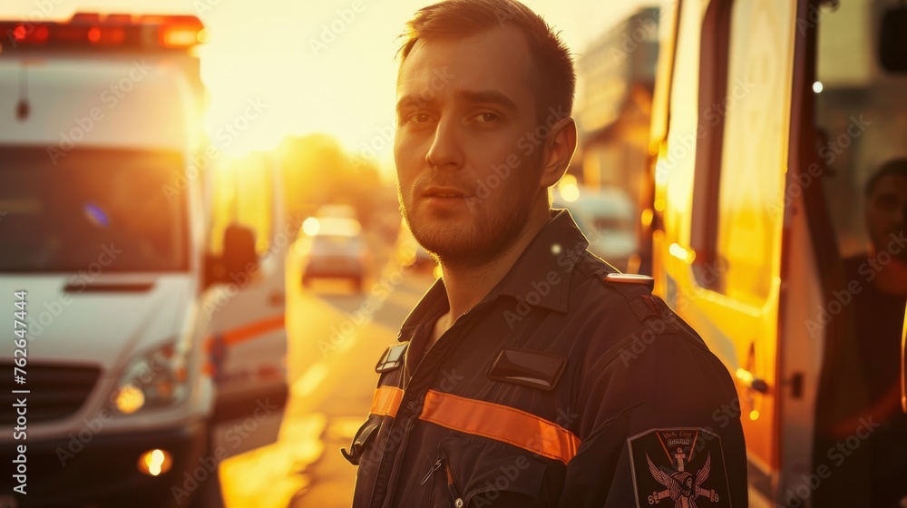 A man stands confidently in front of a bright red ambulance, signaling ...