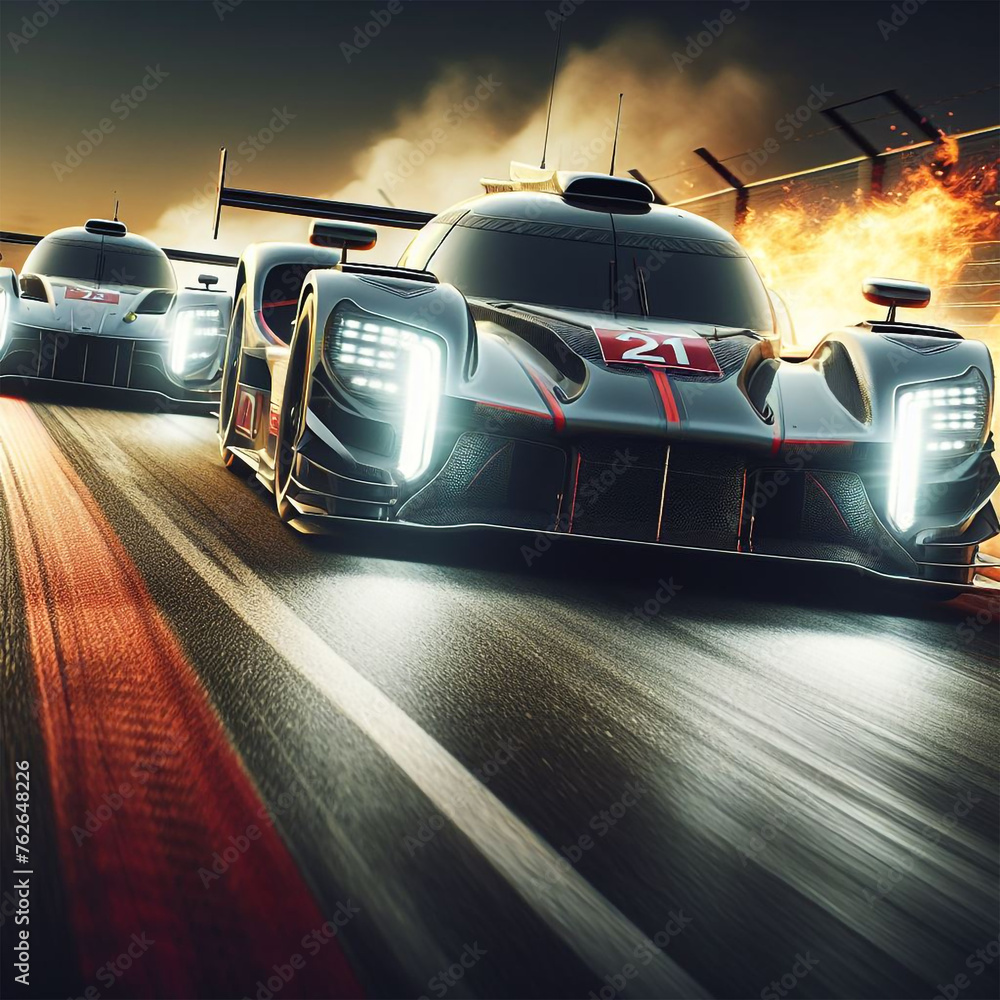 Race cars leaving smoke & fire behind. Front of two fast sport racing ...