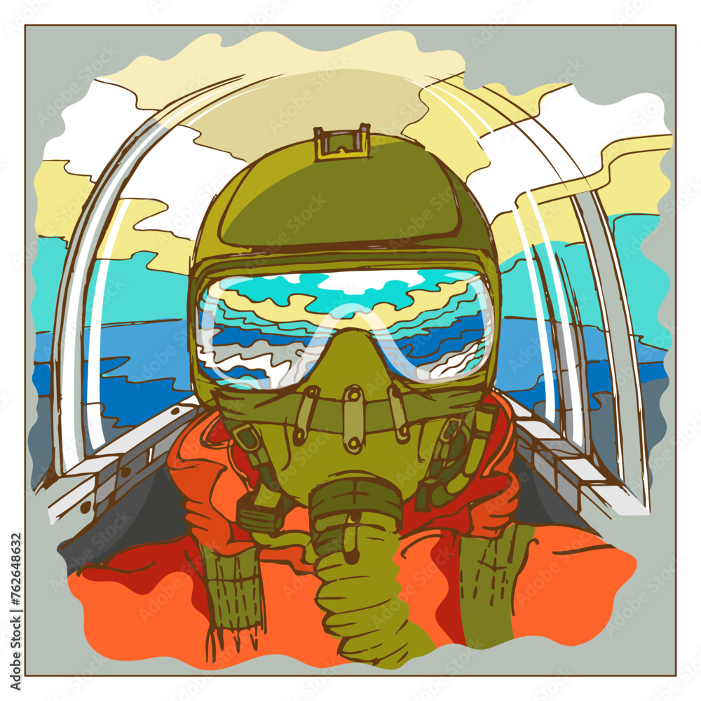 A fighter pilot in a helmet and an oxygen mask in the cockpit of an ...