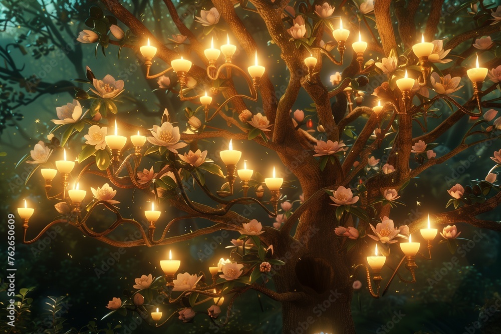 In a hidden grove deep within a mystical forest, a magical tree bursts ...