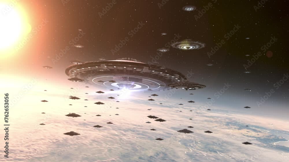 Many ufo's flying toward mothership above earth in grid formation Alien ...