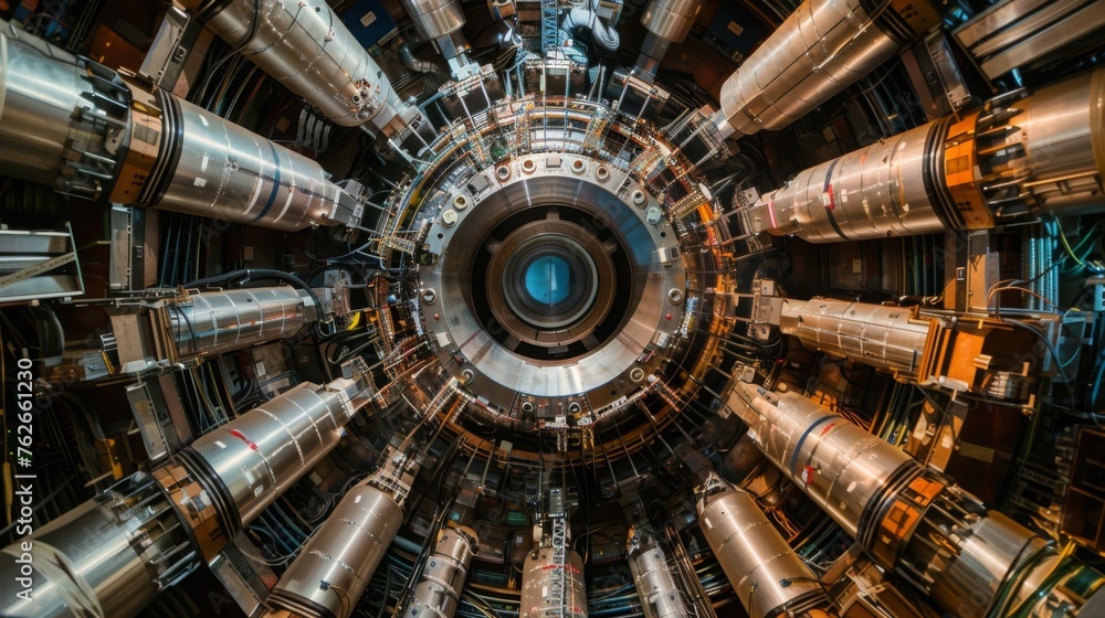 The intricate machinery of a particle detector, poised to capture ...