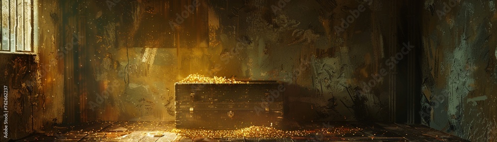 An artists studio room with a box of unearthed pure gold, casting a ...