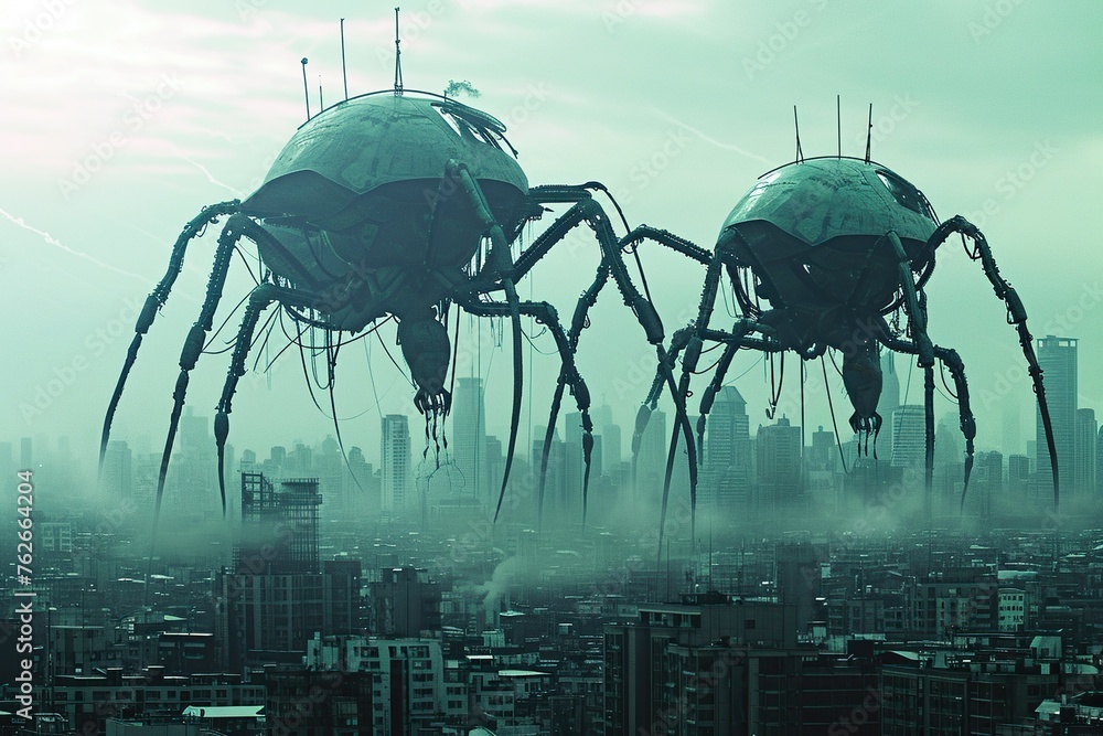Surreal landscape where oversized, stylized pest control devices stand ...