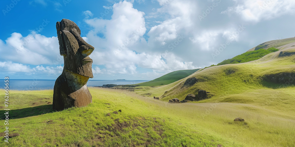 Moai statue overlooking the Easter Island landscape, ancient totem god ...