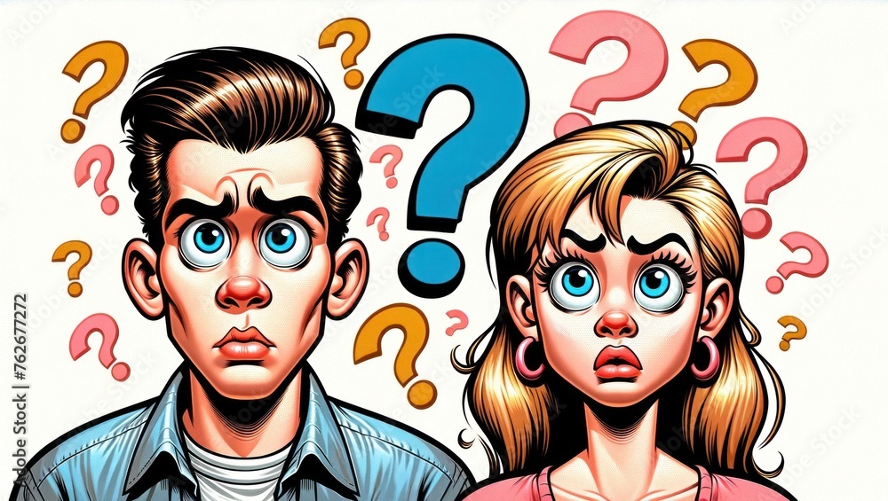 Comic Illustration of Confused Man and Woman with Question Marks Stock ...