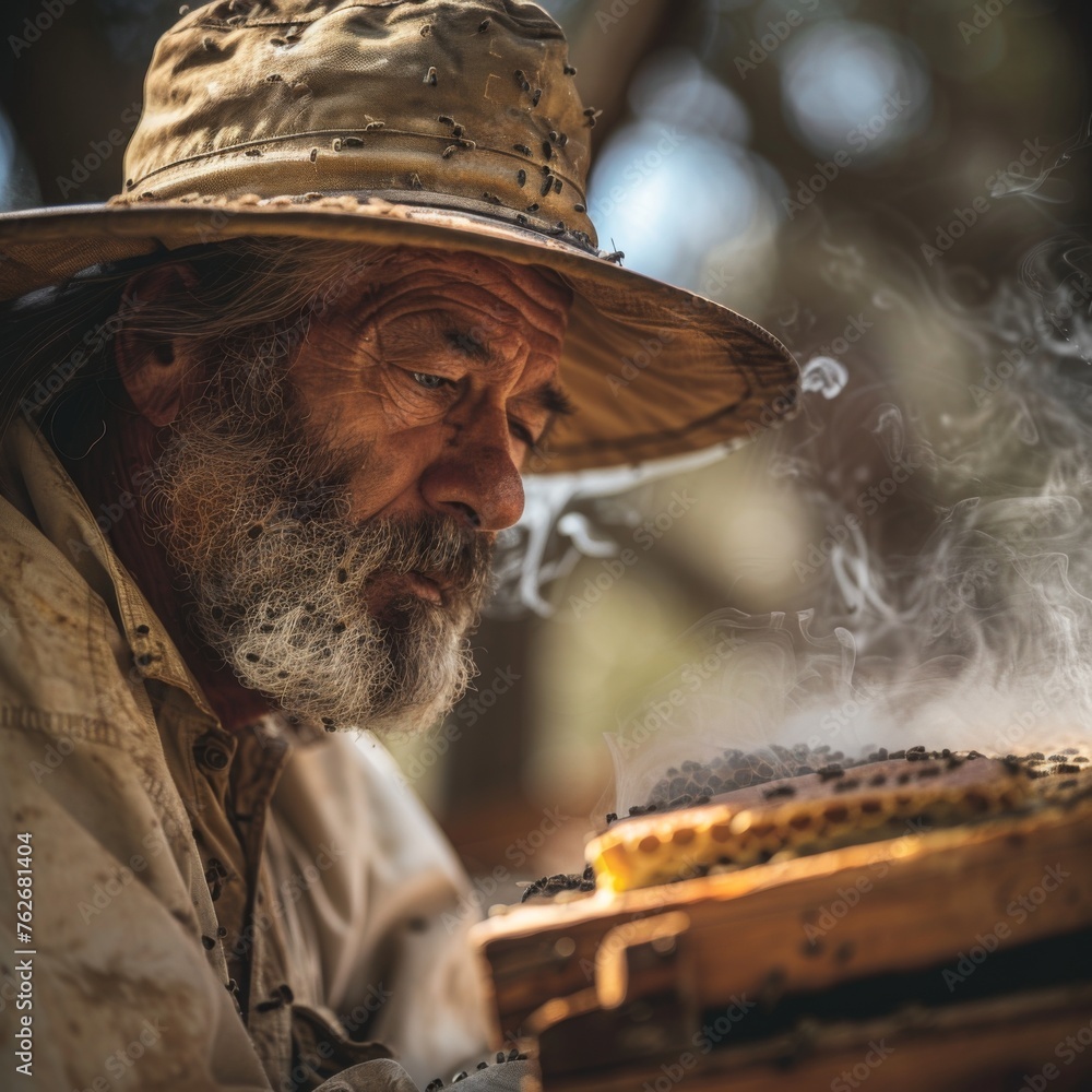 A beekeeper using smoke to calmly interact with the bees during a hive ...
