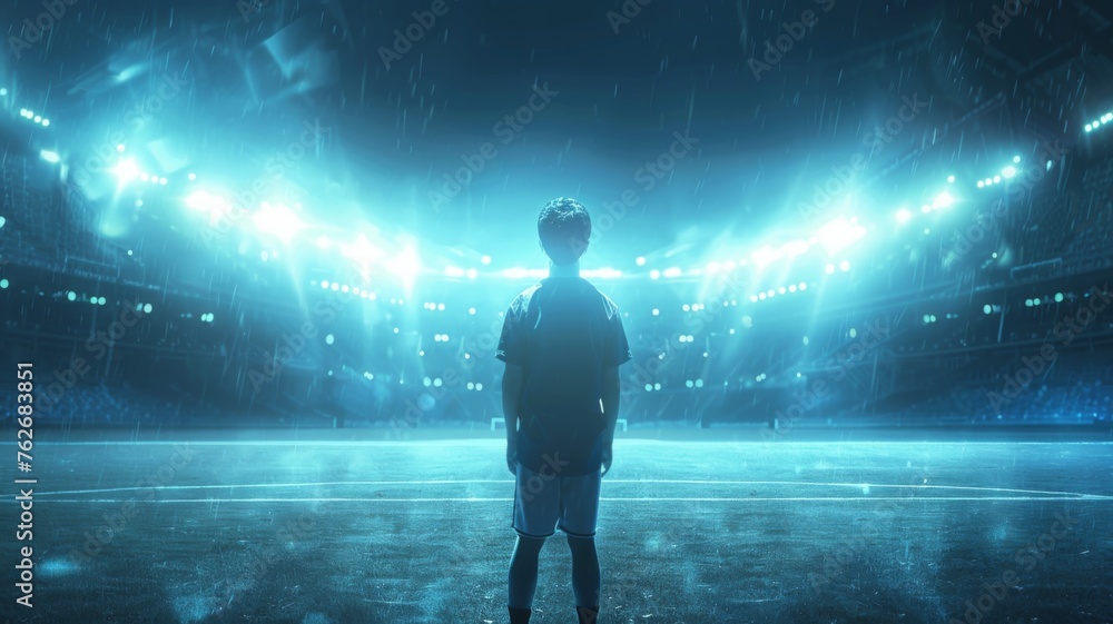 Young football player facing stadium lights - A child footballer stands ...