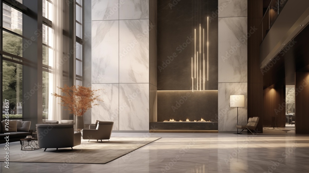 High-rise condo tower lobby with white stone and gunmetal gray metal ...