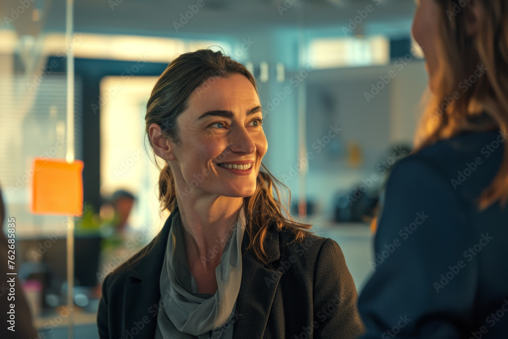 A female boss and a subordinate engaged in a friendly conversation in a ...