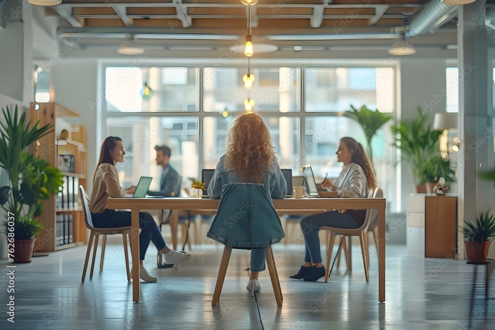 Corporate employees collaborate in a modern office strategizing and ...