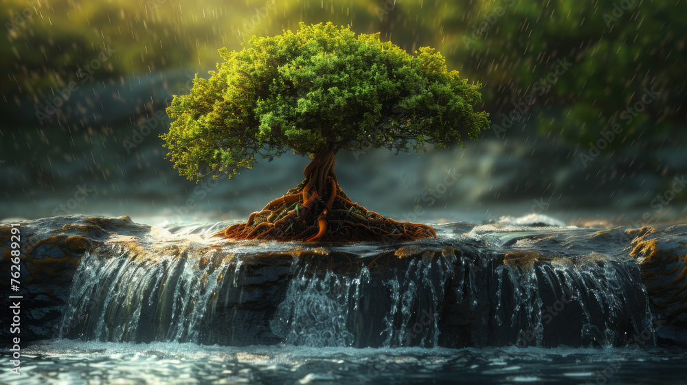 Solitary Tree on Waterfall Rock Ledge - A magnificent lone tree with ...