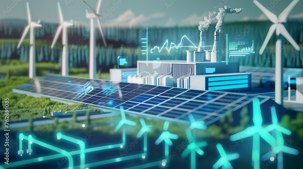 A solar farm with multiple panels capturing sunlight, alongside wind ...