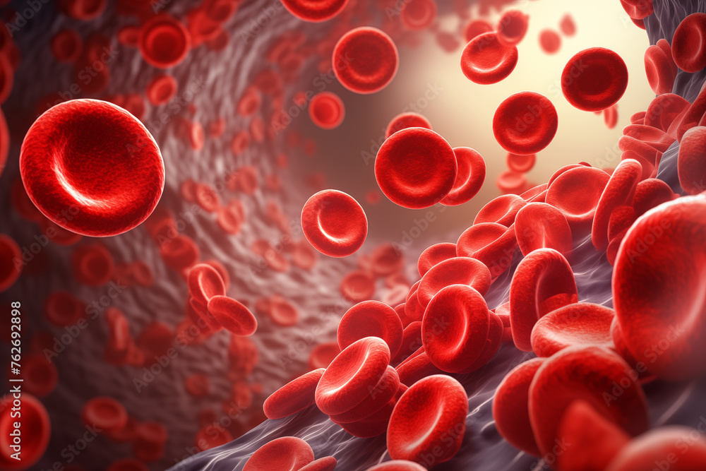 Close-up view cluster of blood cells within an artery, depicted with a ...