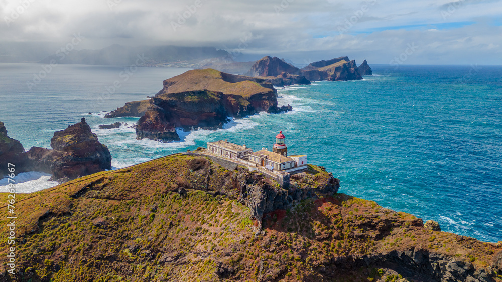 Lighthouse at Sao Lourenco peninsula on Madeira from an aerial view ...