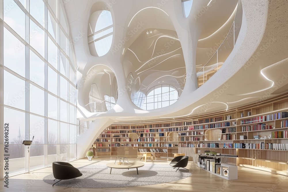 A luxurious school library with abstract architecture, its high ceiling ...