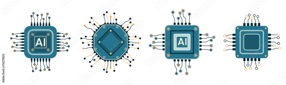 Vector computer electronic chip AI icons set. Microchip processor artificial intelligence, cpu ...
