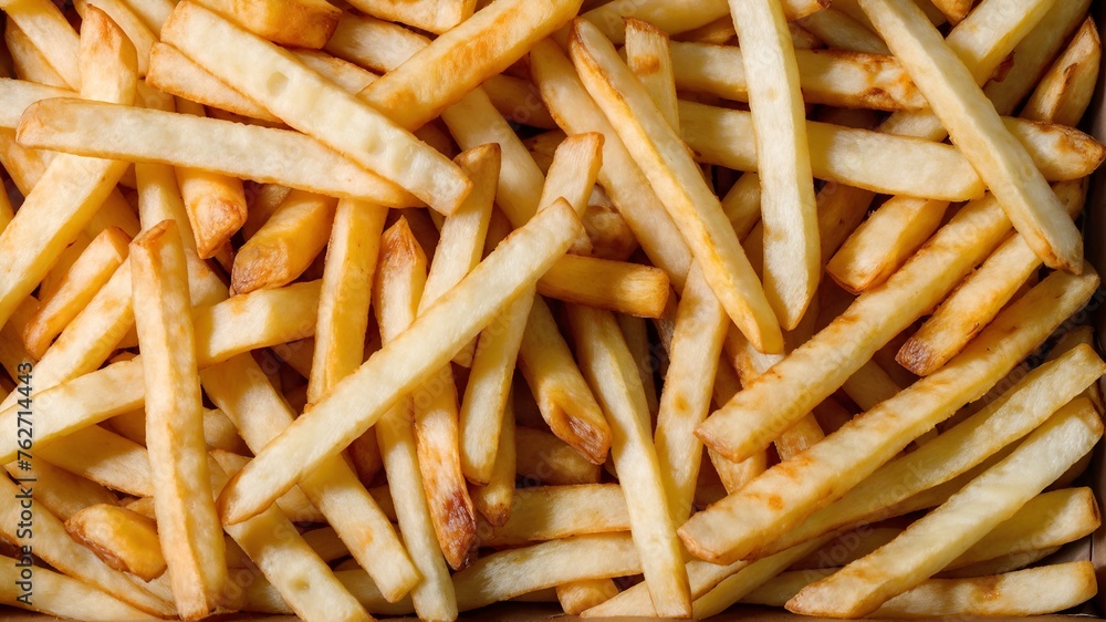 Heap of yummy french fries as textured food background. Top view, full ...