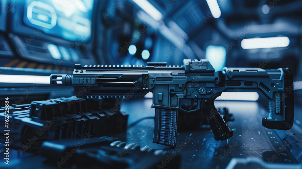 Futuristic machine gun inside spaceship, alien weapon on metal table in ...