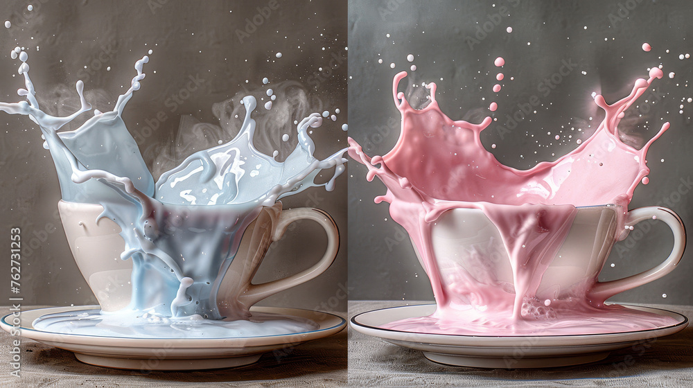 two pictures of a coffee cup with a splash of pink and blue liquid ...