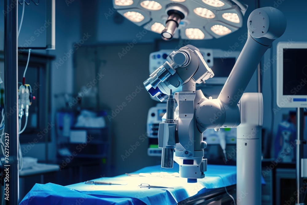 A robotic machine performs surgery on a hospital bed in a sterile ...