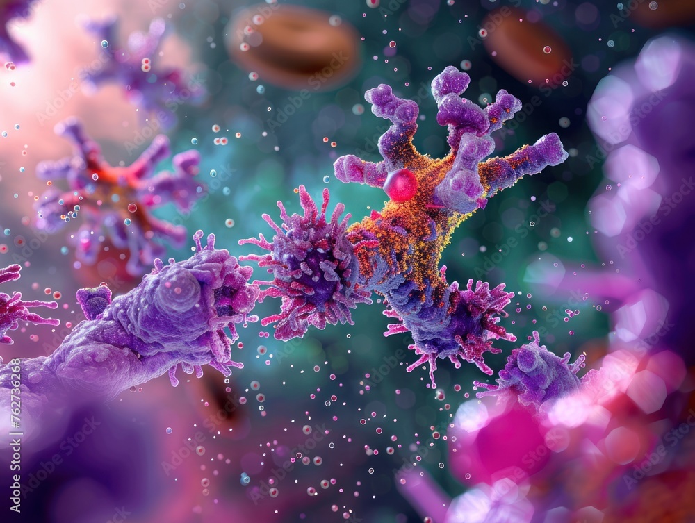 Microscopic view of a virus being neutralized by engineered antibodies ...