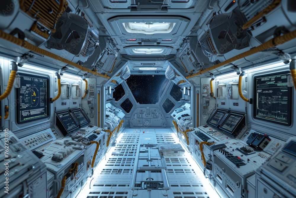 This photo showcases the interior of a space station, filled with a ...