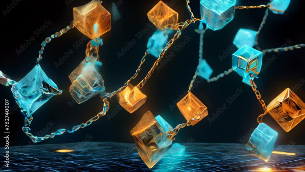 Golden and blue transparent cubes representing blockchain technology are linked together ...