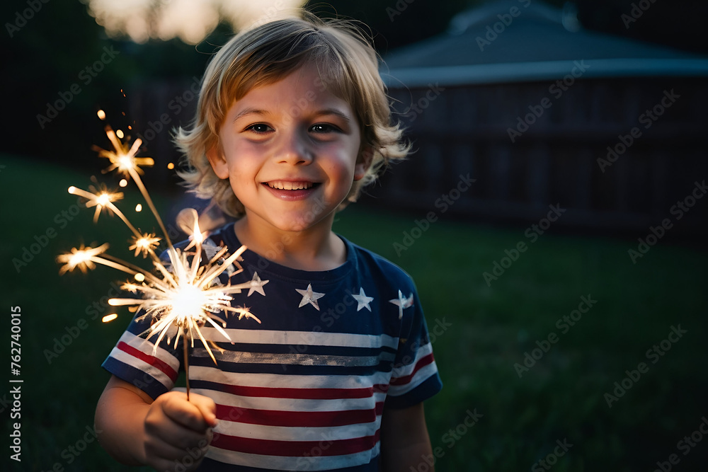 Happy child with sparkler celebrating the 4th of July, Independence Day ...