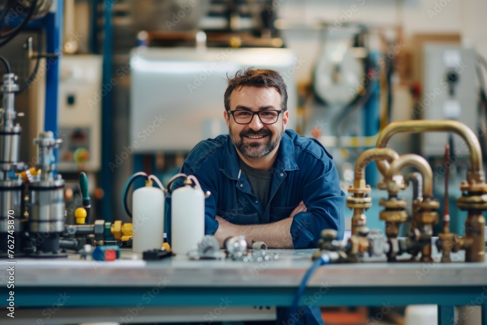 Sample of plumbing materials and tools on workbench with smiling ...