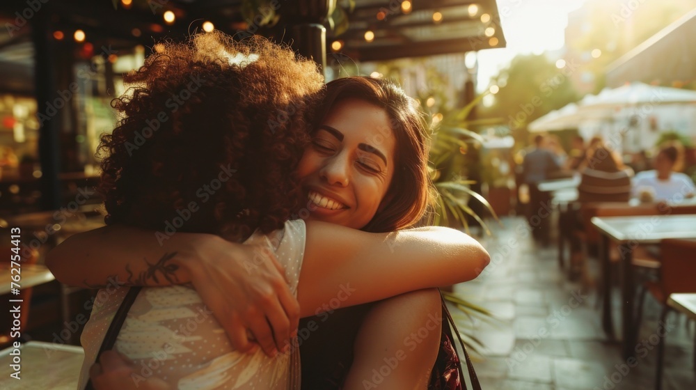 beautiful women giving each other a greeting hug in a restaurant or ...