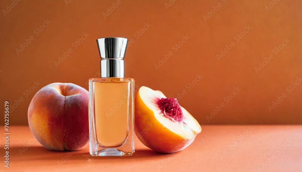 peache perfume bottle of perfume with peaches on orange color ...