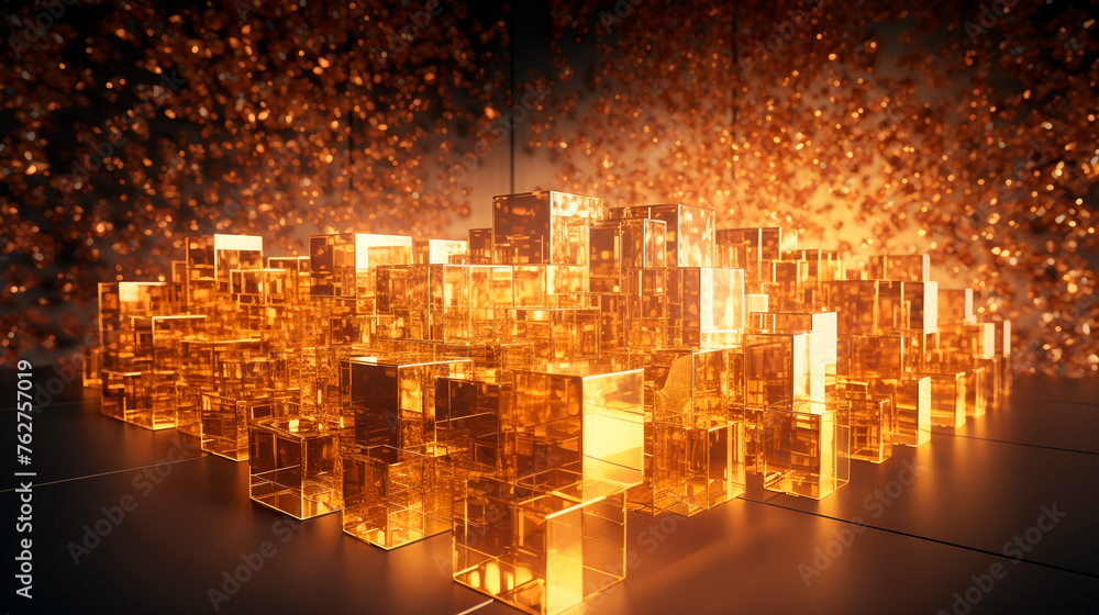 A large building made of cubes is lit up in gold. The cubes are ...